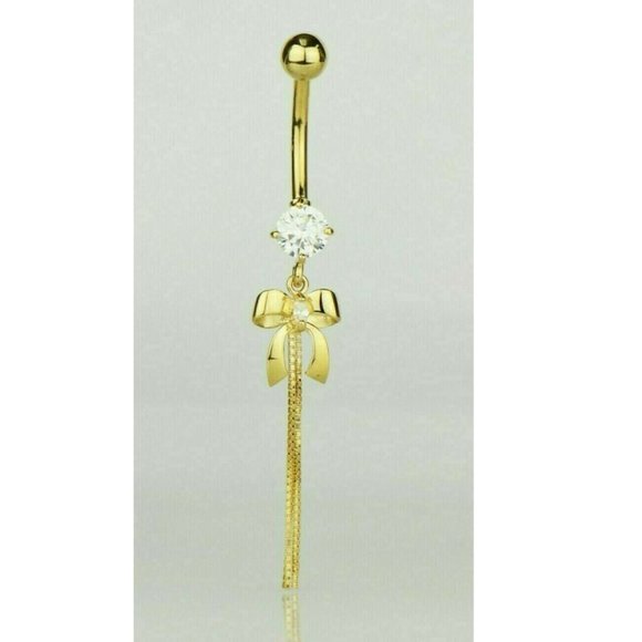 Jewelry | Solid 14k Yellow Or White Gold Belly Button Dangle Bow Tie ...